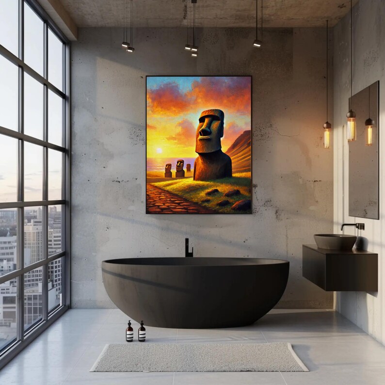Printable Moai Statue Oil Painting | Polynesian Heritage Wall Art ...