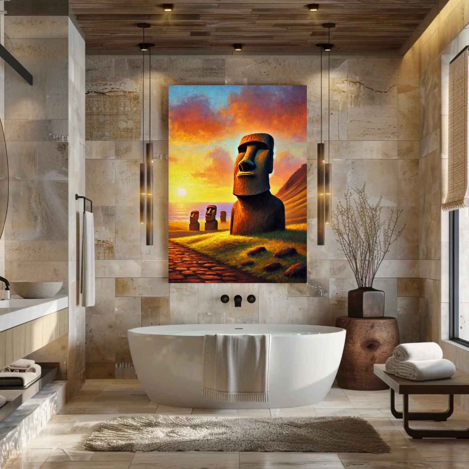 Printable Moai Statue Oil Painting | Polynesian Heritage Wall Art ...