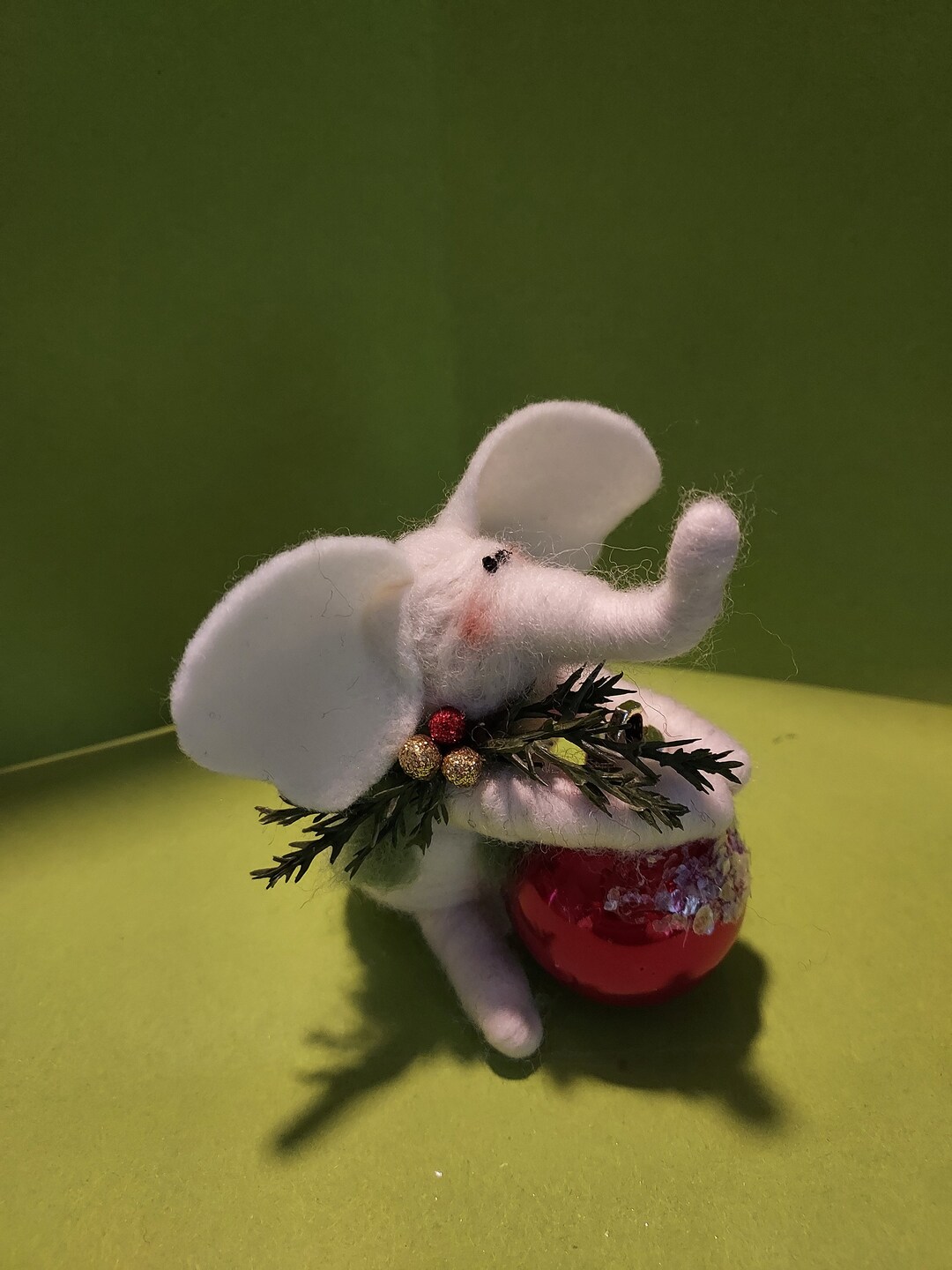 White Felted Wool Elephant With Red Bulb 3" Ornament - Etsy