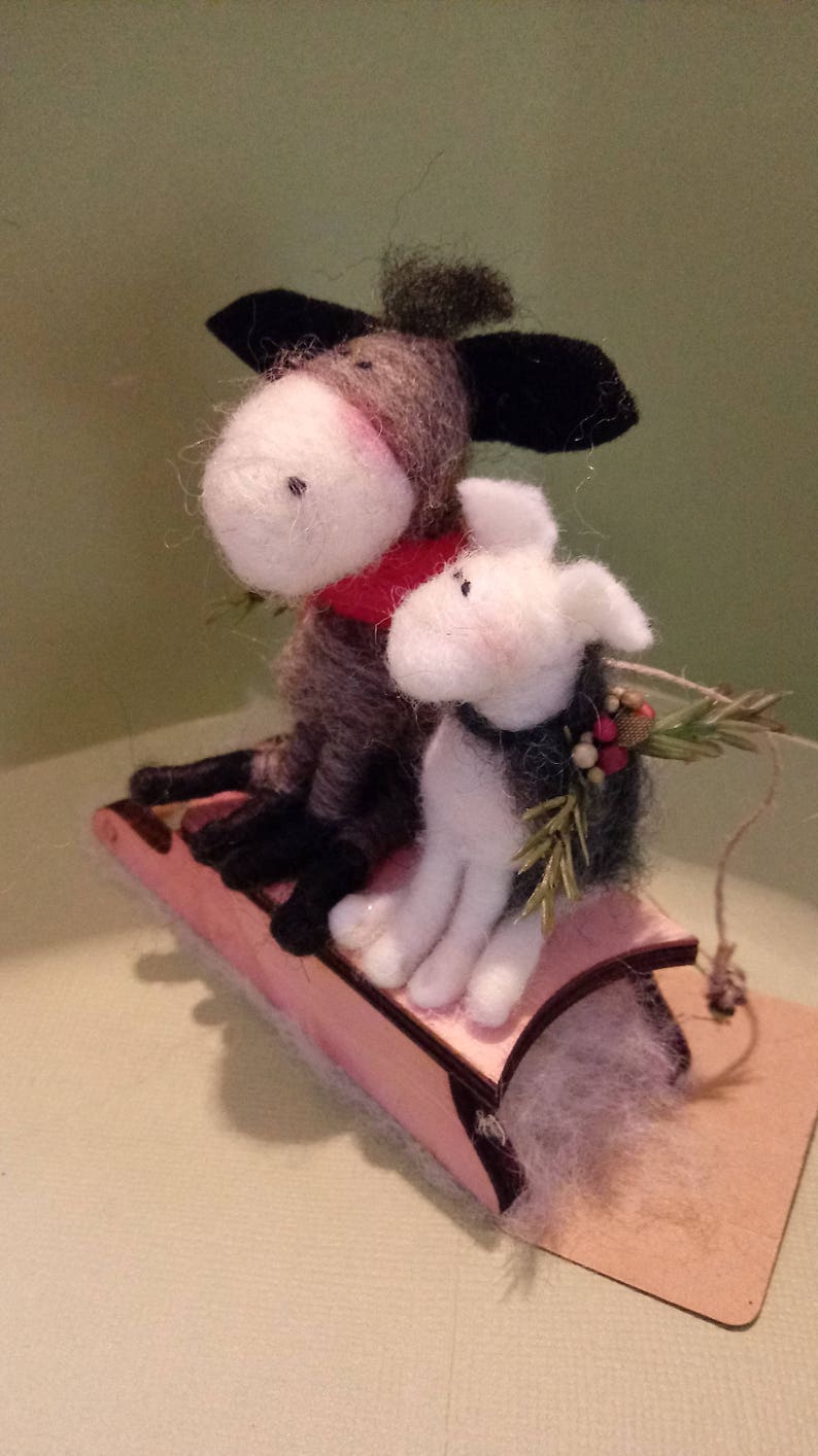 Donkey and Lamb on Sled Felted Wool Ornament NEW for 2017 | Etsy
