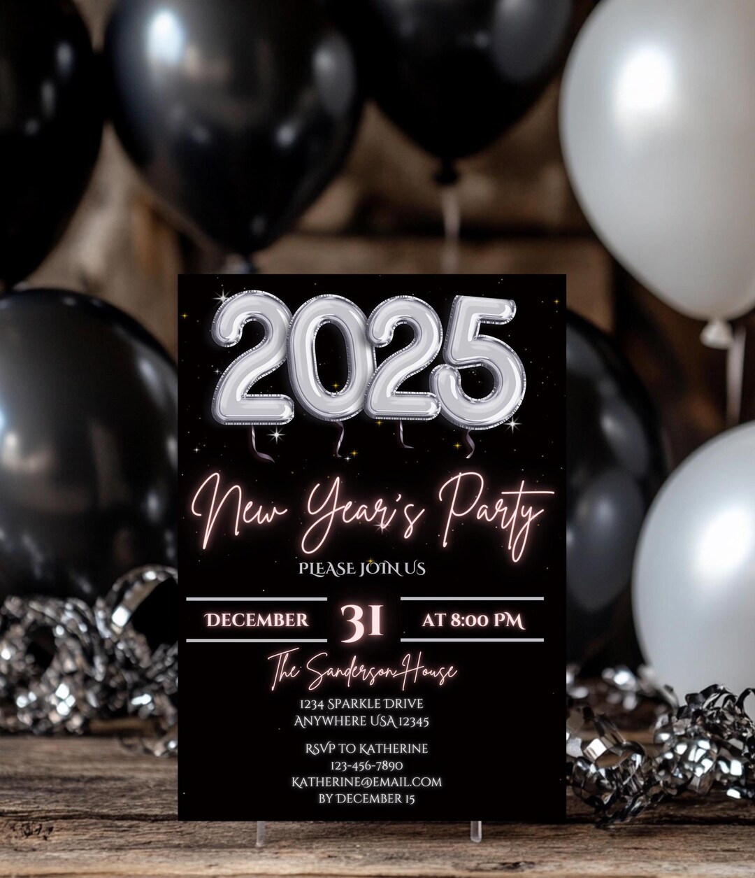 New Year’s Eve Celebration Invitation, New Year Party Invite, Silver ...