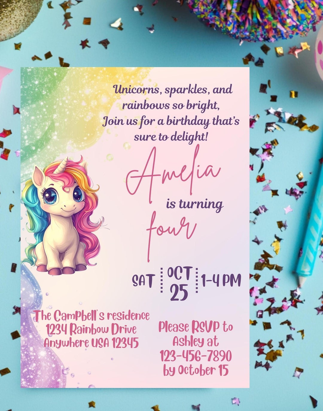 Unicorn Birthday Invitation: Rainbow Sparkle Party, Canva Template ...