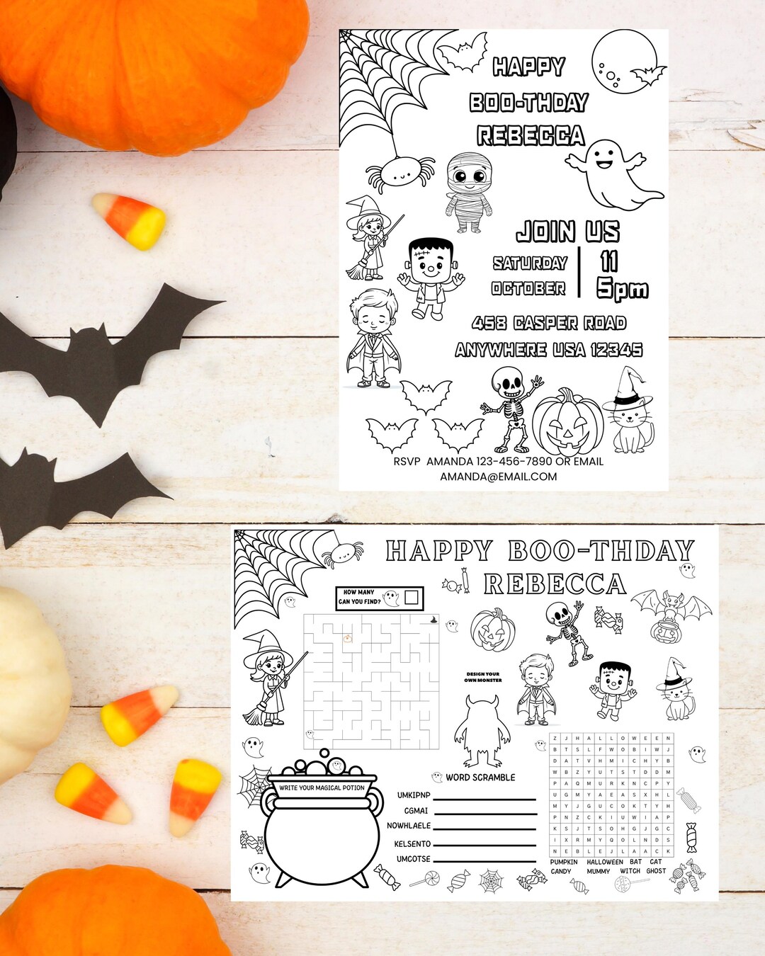 Happy Boo-thday Coloring Page Invitation and Activity Place Mat, Spooky ...