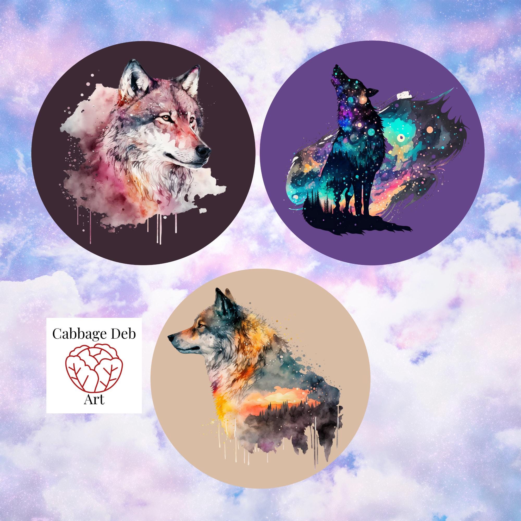 Wolf Stickers, 8 Round Instant Download PNG, Stunning Watercolor Wolf ...