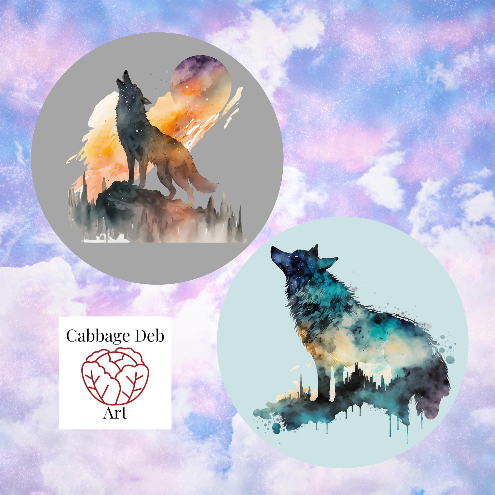 Wolf Stickers, 8 Round Instant Download PNG, Stunning Watercolor Wolf ...