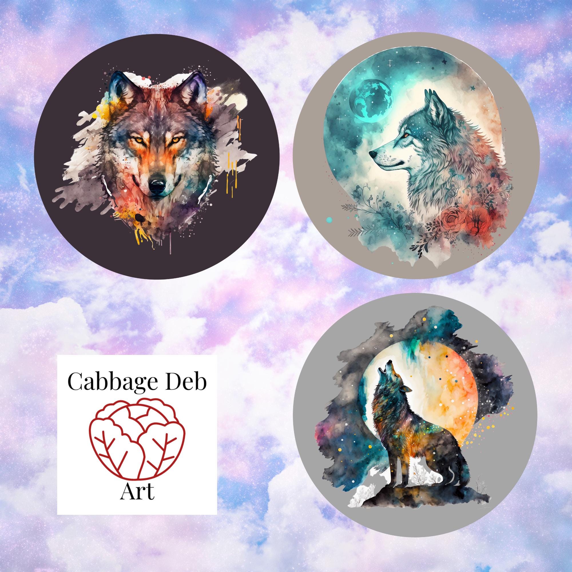 Wolf Stickers, 8 Round Instant Download PNG, Stunning Watercolor Wolf ...