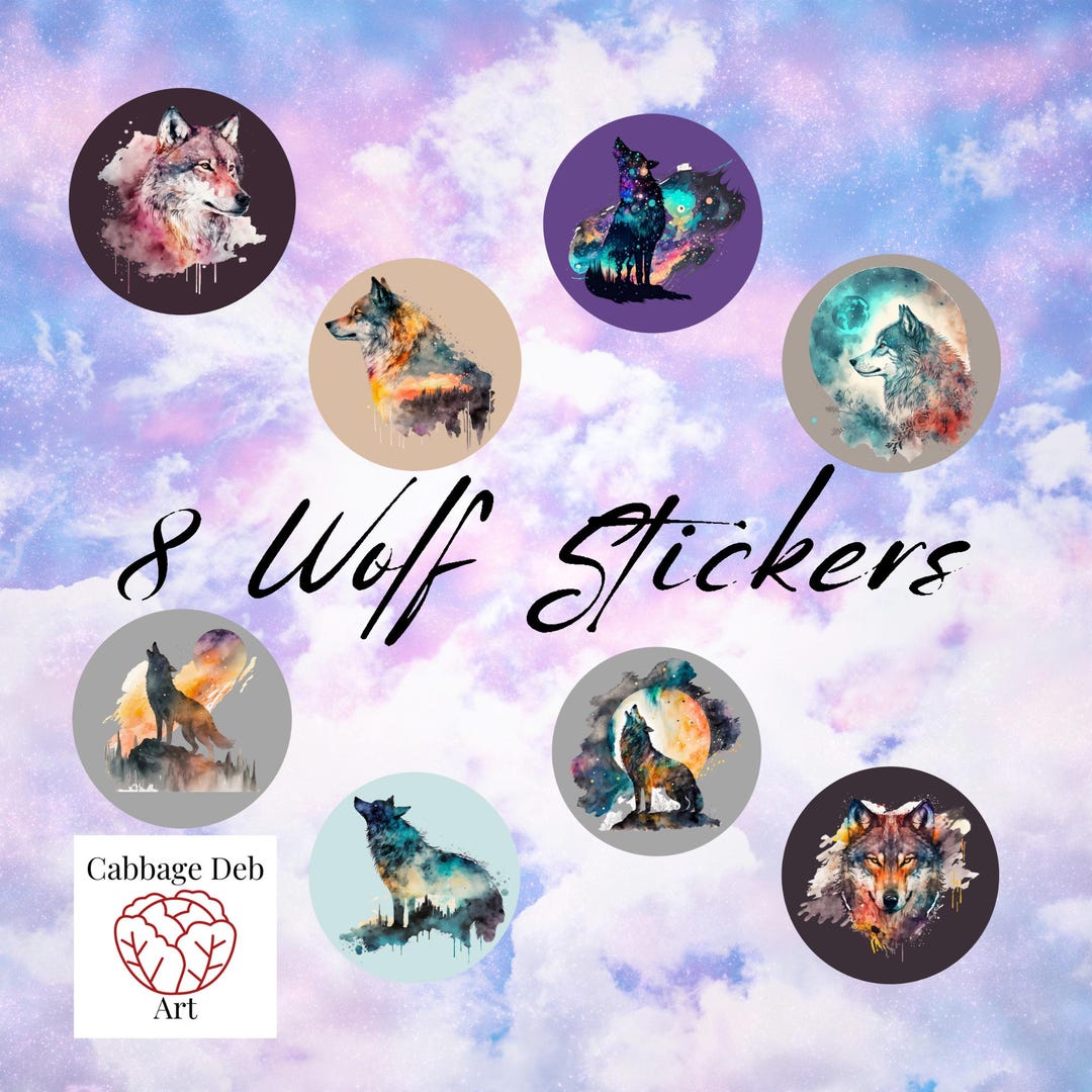 Wolf Stickers, 8 Round Instant Download PNG, Stunning Watercolor Wolf ...