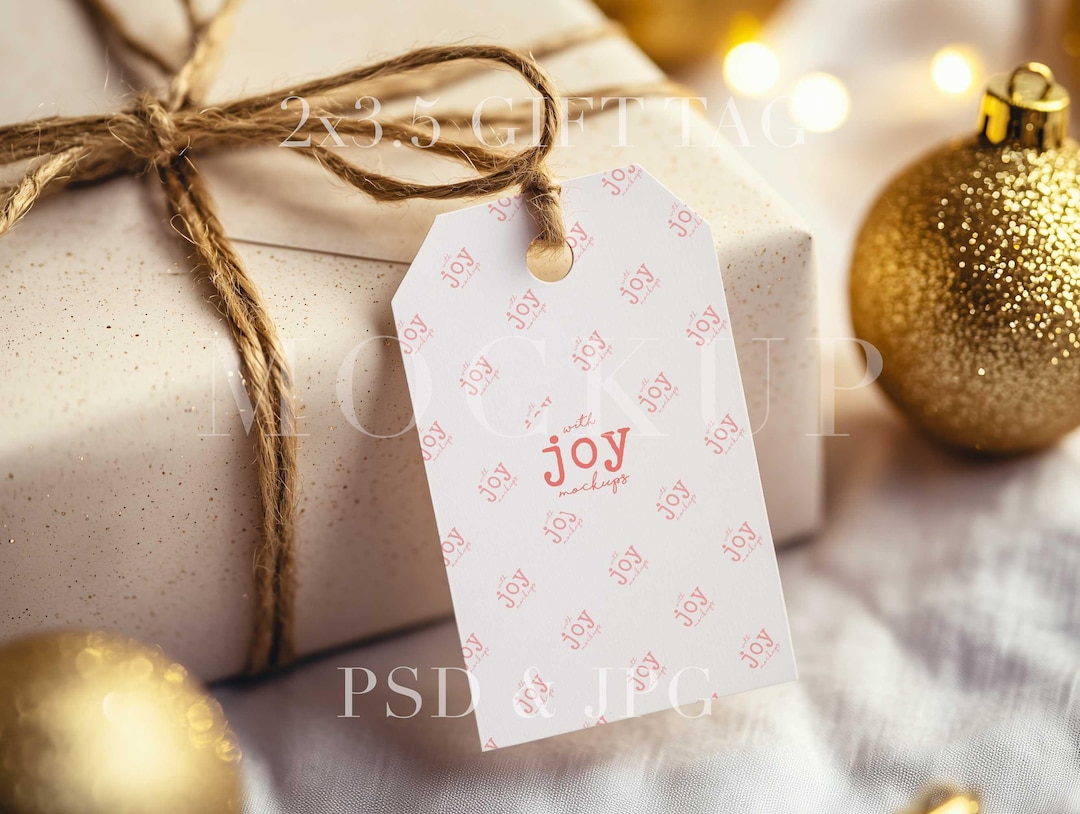 Christmas Gift Tag Mockup, Tag on Gift, Rectangle Gift Tag, Holiday ...