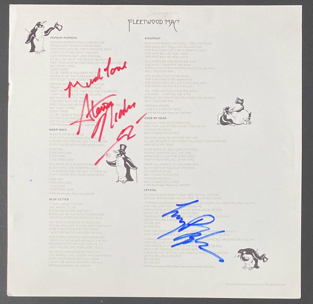 Stevie Nicks and Lindsey Buckingham Autograph on LP Inner Lyric Insert ...