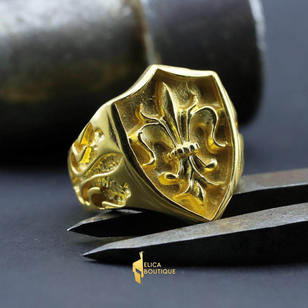 Gold Fleur De Lis Shield Ring, Medieval Knight Signet Ring, Bold ...
