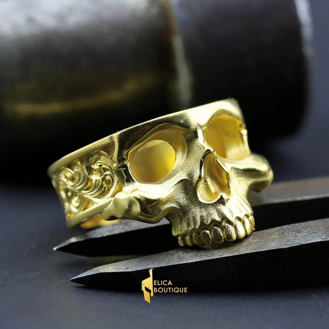 Gold Skull Ring, Gothic Biker Jewelry, Handmade Men's Statement Ring ...