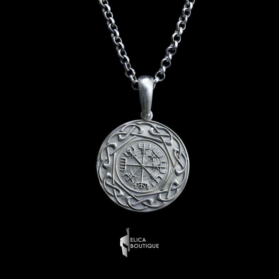 Viking Compass Vegvisir Medallion, Nordic Knot Ornamented Sterling ...