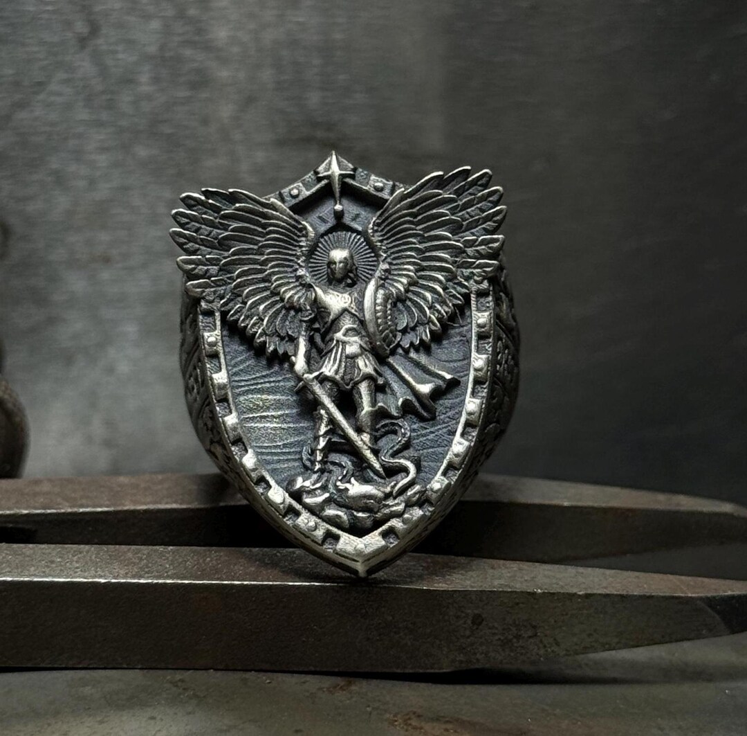 Archangel Michael Ring, Sterling Silver Saint Michael Ring, Religious ...