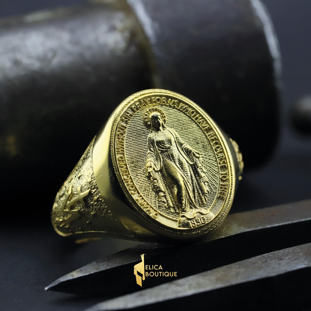 14K Solid Gold Virgin Mary Signet Ring, Religious Jewelry, Faith ...