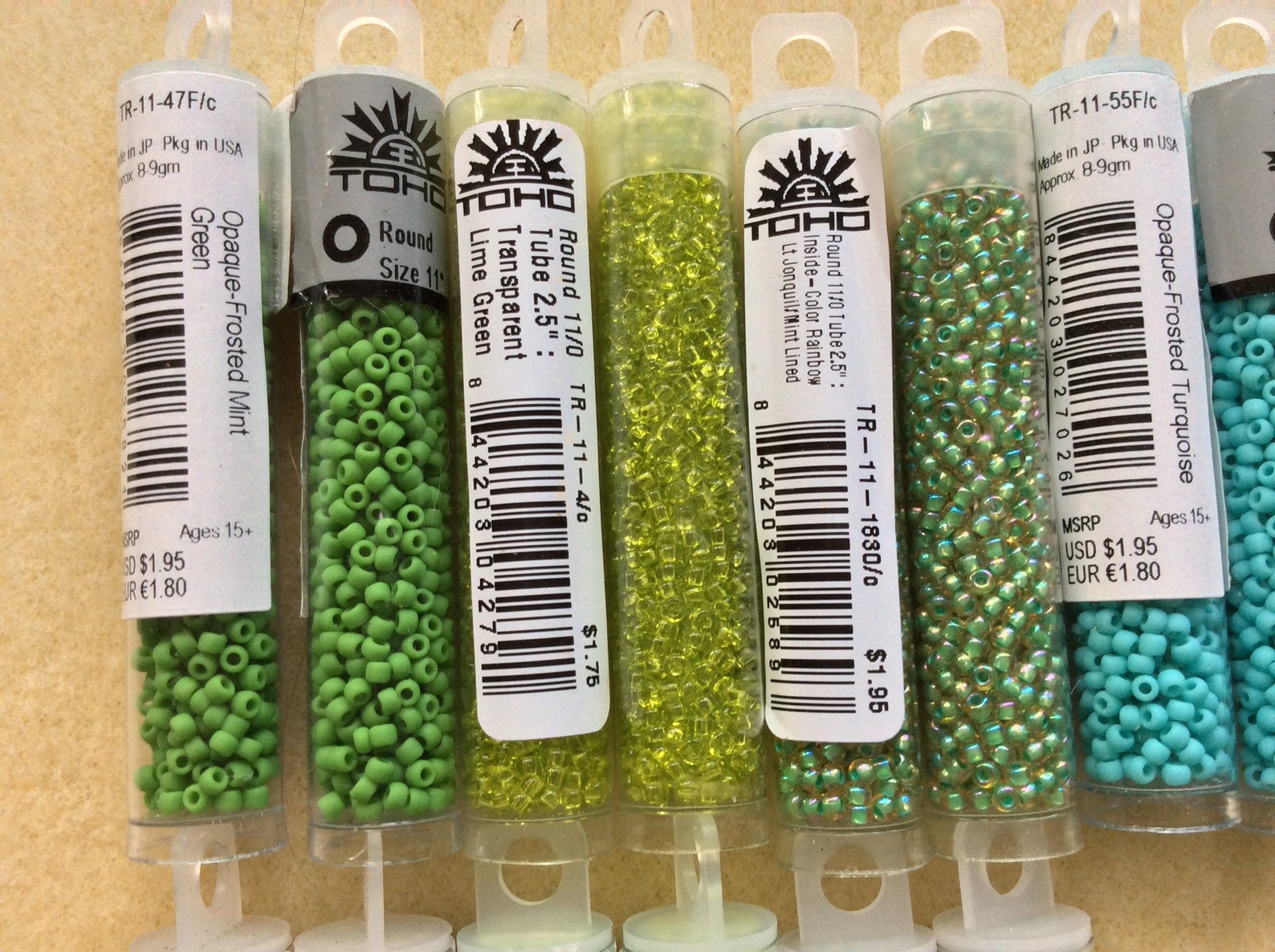 TOHO Seed Beads- 11/0, 2.5" Tube- 9 Grams-greens, Sour Apple, Turquoise ...