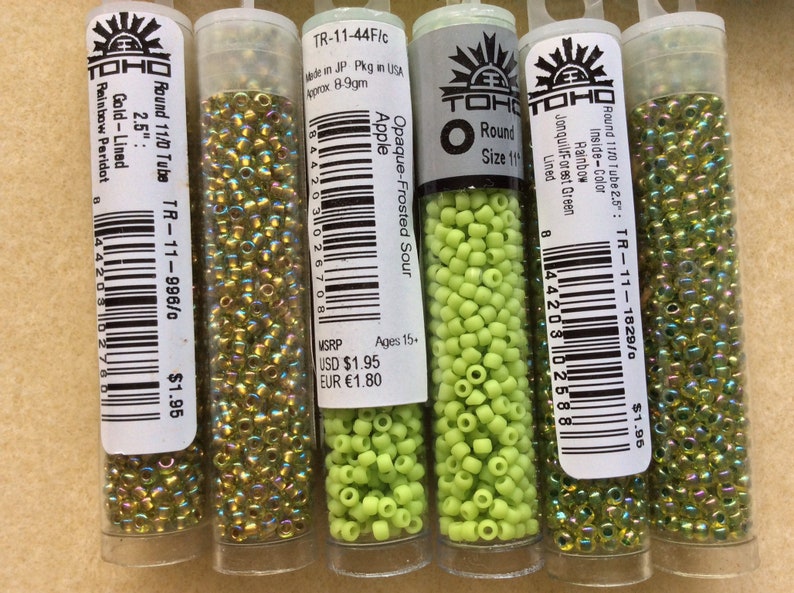 TOHO Seed Beads- 11/0, 2.5" Tube- 9 Grams-greens, Sour Apple, Turquoise ...