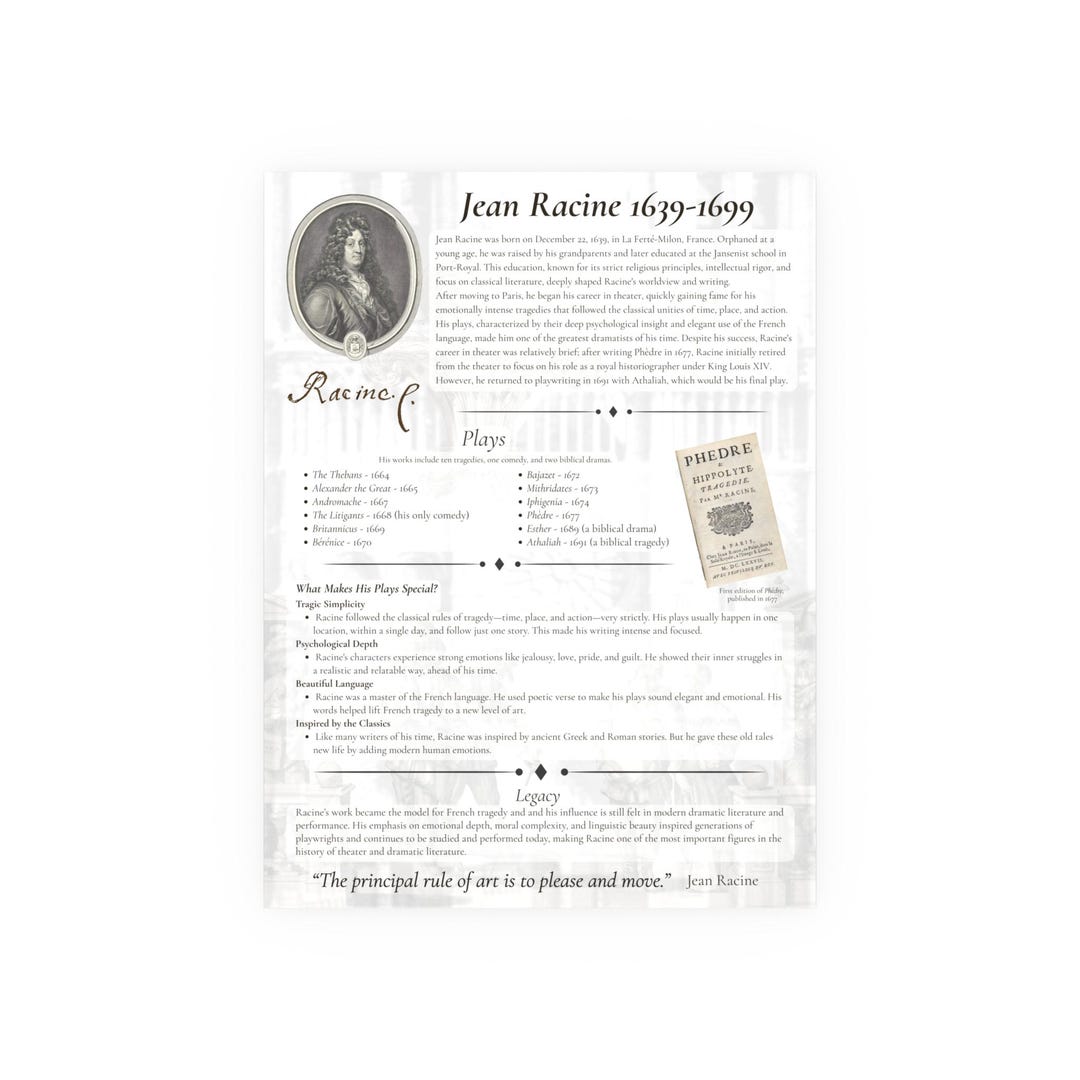 Jean Racine Tragedy Poster: French Neoclassical Drama Print (18x24 or ...
