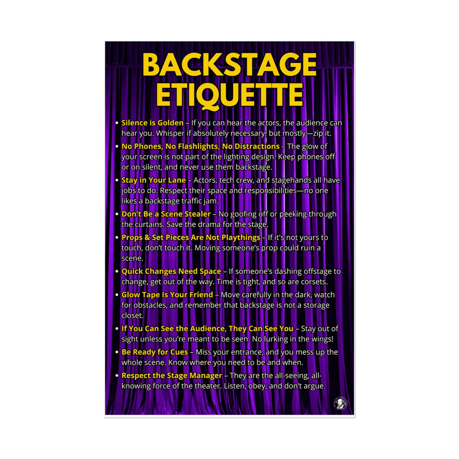 Backstage Etiquette Poster: Theater Classroom Rules - Drama Club Decor ...