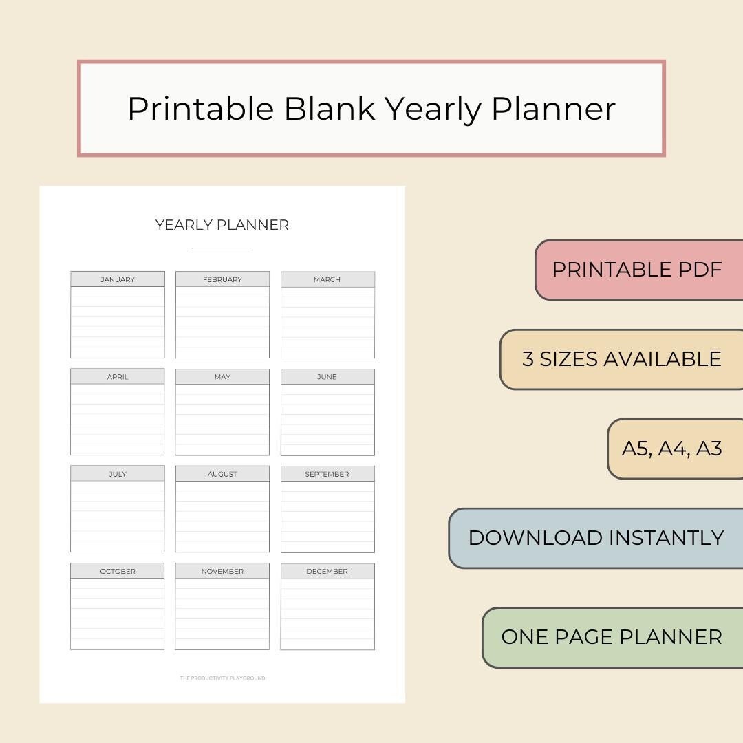 Black and White Blank Yearly Planner, Portrait Instant Print, Yearly ...