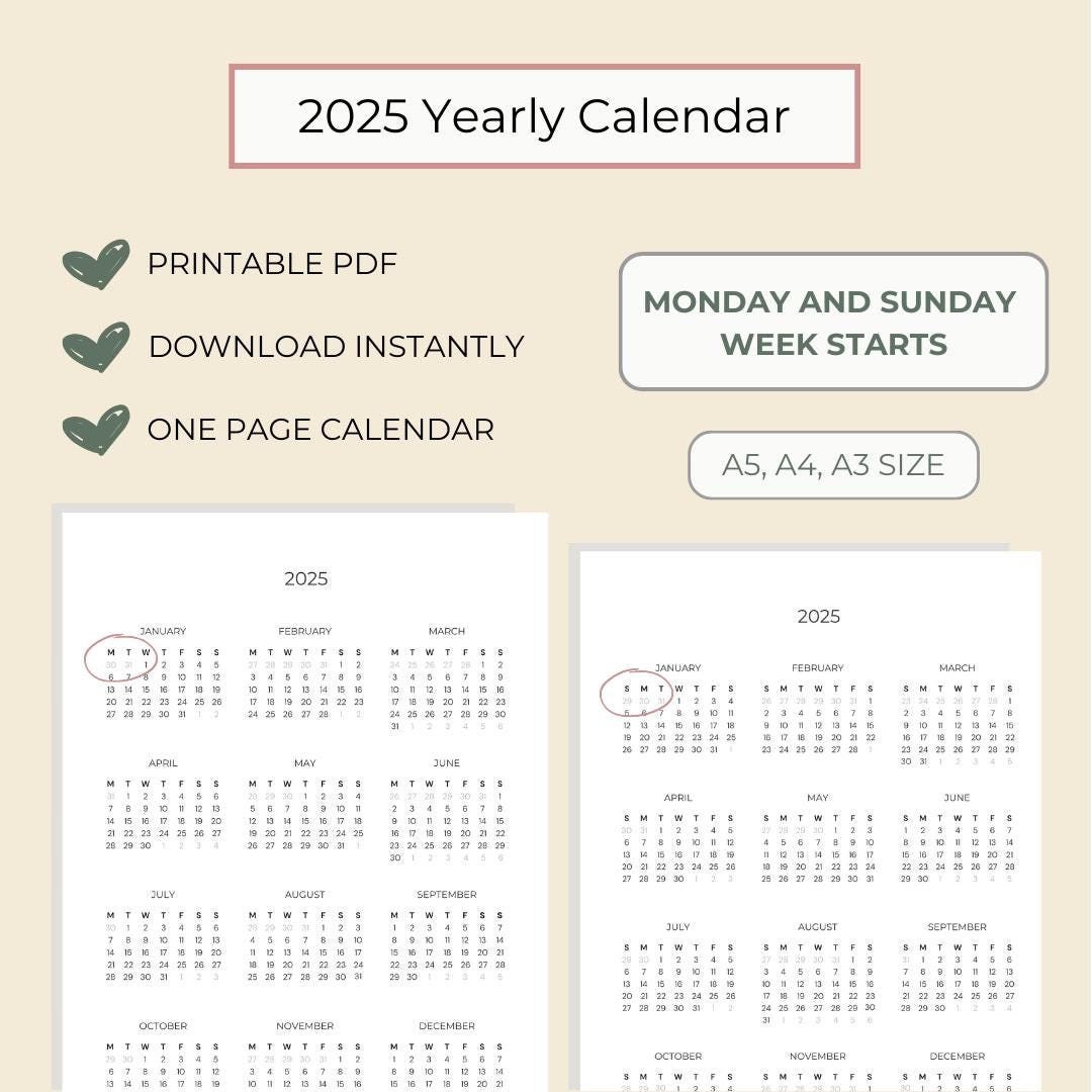 2025 Year Calendar Portrait Instant Print, Monday & Sunday Start ...