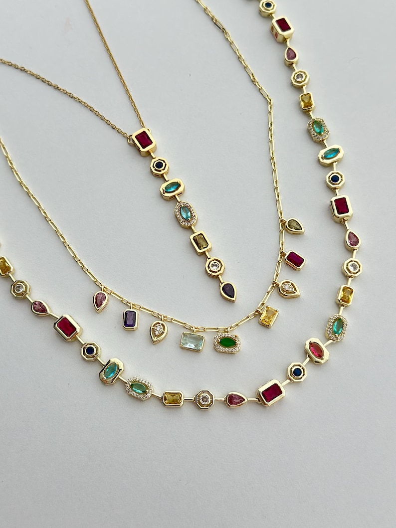 Gold Plated Multicolor Gemstone Charm Necklace – Dainty Layering ...