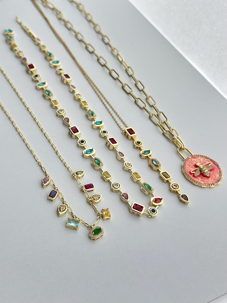 Gold Plated Multicolor Gemstone Charm Necklace – Dainty Layering ...