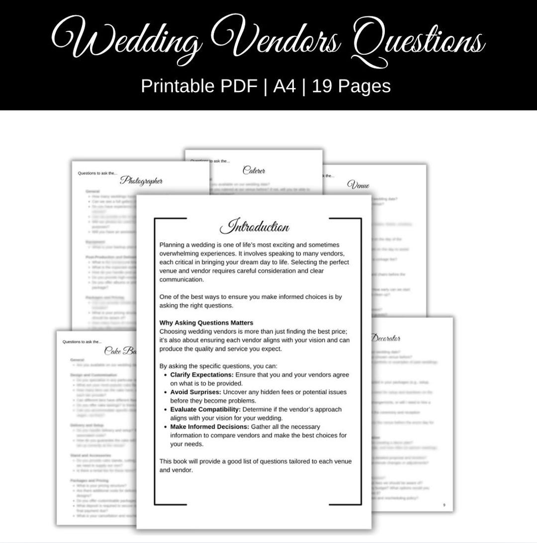 Printable Wedding Vendor Questions / Wedding Venue Questions / Finding ...