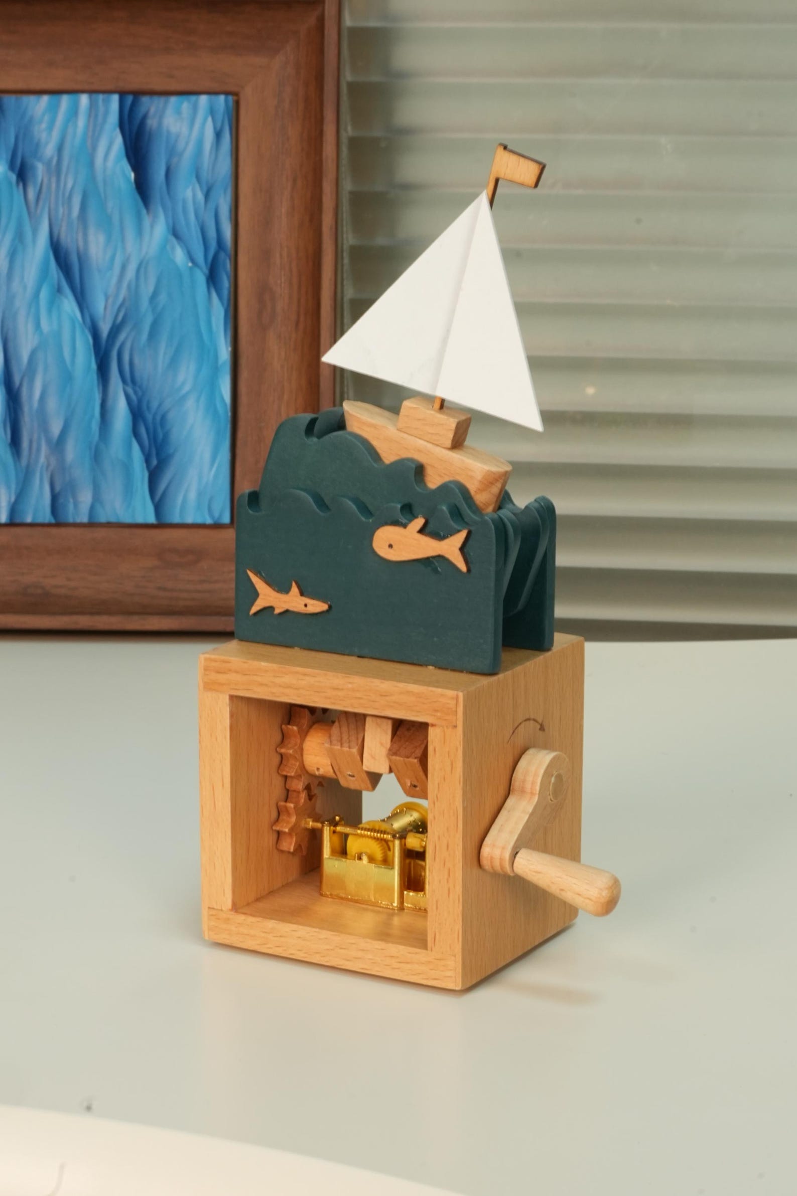 Custom Hand-crank Wooden Music Box With Moving Sailboat, Wooden ...