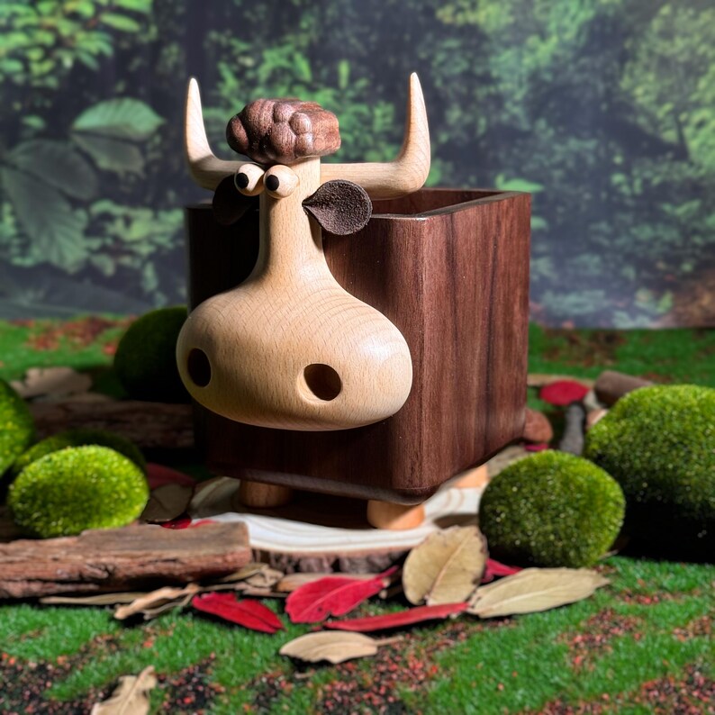 Handcrafted Wooden Bull Storage Box, Creative Pen Holder, Unique ...