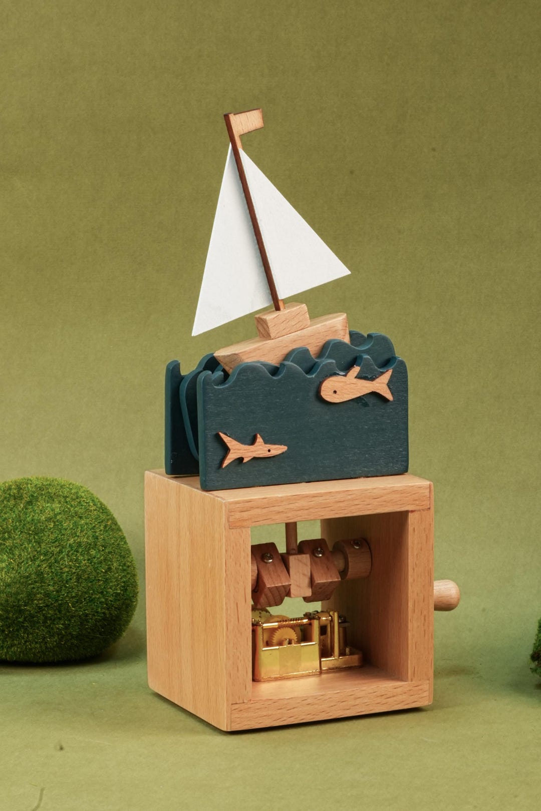 Custom Hand-crank Wooden Music Box With Moving Sailboat, Wooden ...