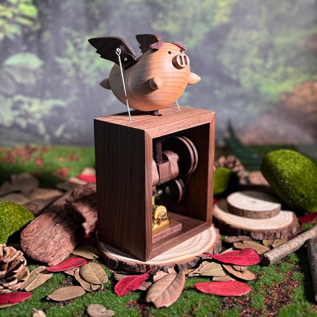 Handcrafted Wooden Flying Pig Music Box, Hand-crank Wooden Flying Pig ...