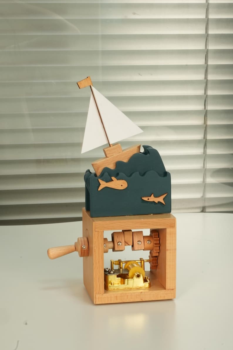 Custom Hand-crank Wooden Music Box With Moving Sailboat, Wooden ...