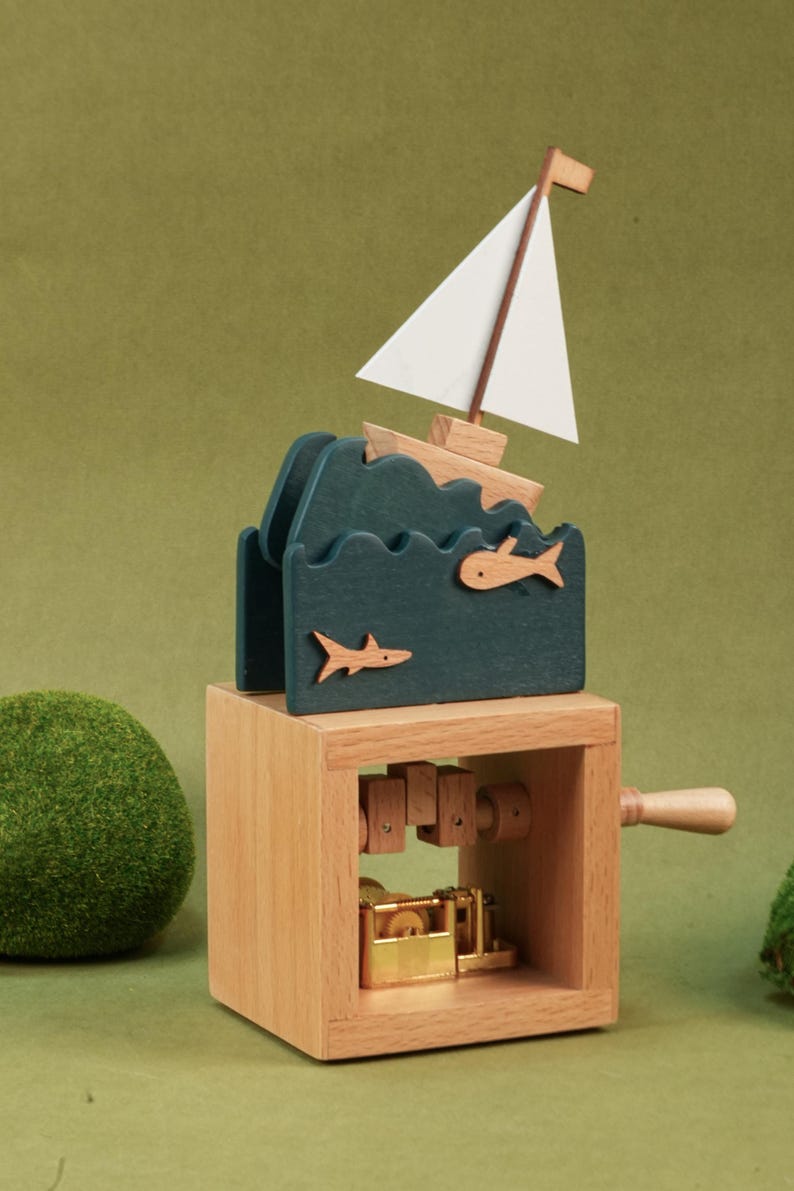 Custom Hand-crank Wooden Music Box With Moving Sailboat, Wooden ...