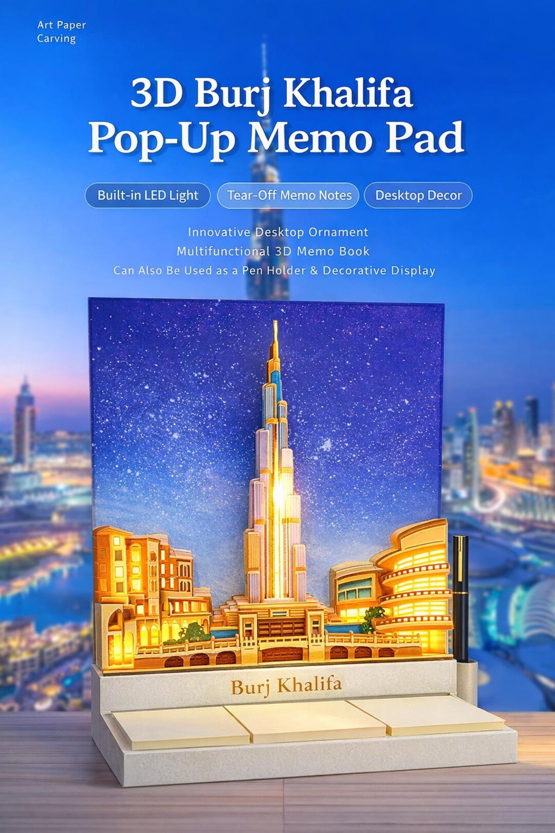 3D Burj Khalifa Illuminated Pop-up Memo Pad, Miniature Paper Sculpture ...