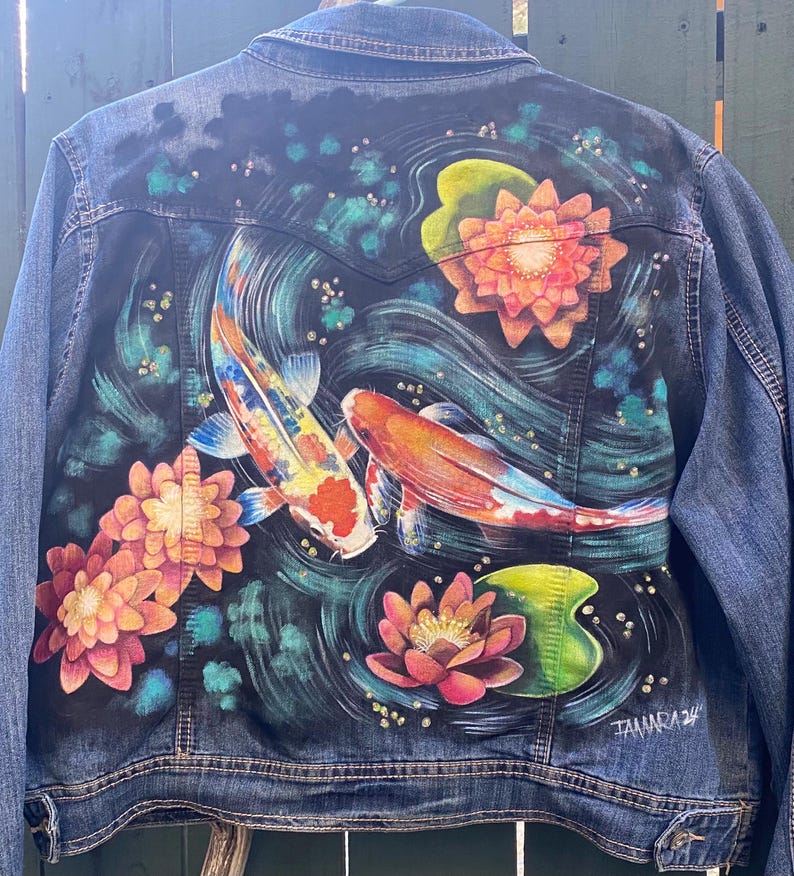 Hand Painted Koi Pond/water Lilies Denim Jacket With Rhinestone ...