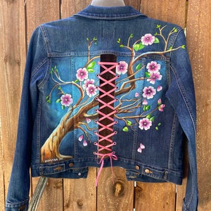Hand Painted Lace up Cherry Blossom Denim Jacket. Size Small. - Etsy