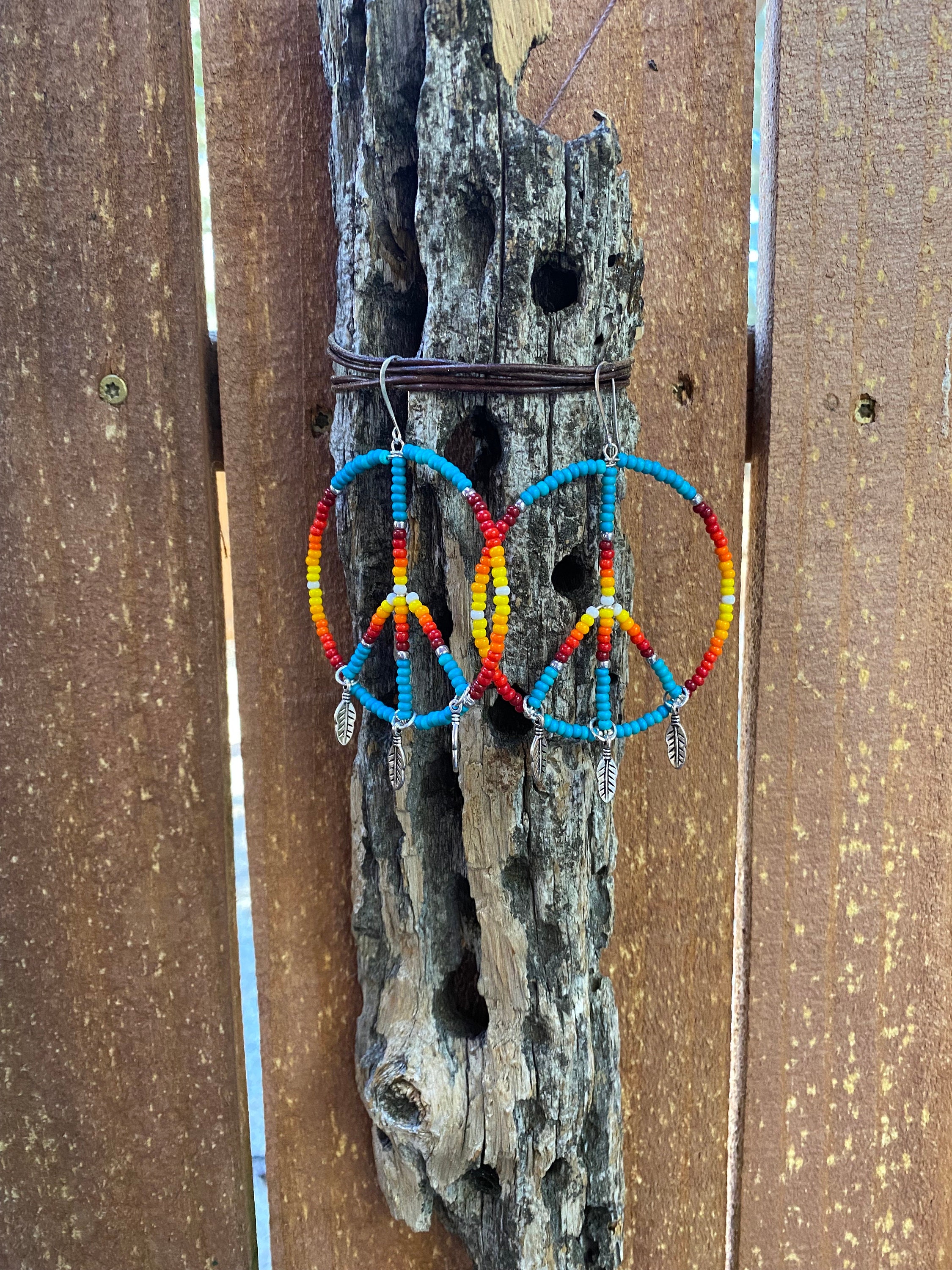 Native American Inspired Peace Sign Beaded Earrings With Feather ...