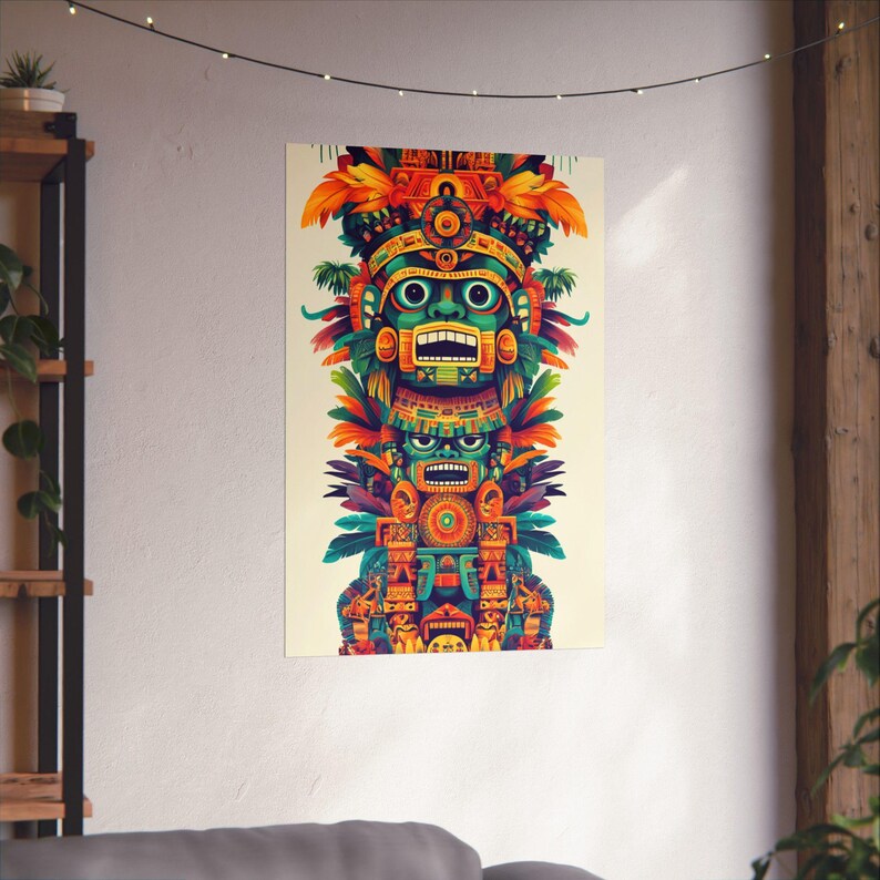 Aztec Totem Wall Art, Ancient Symbolism Poster, Colorful Vertical Art ...