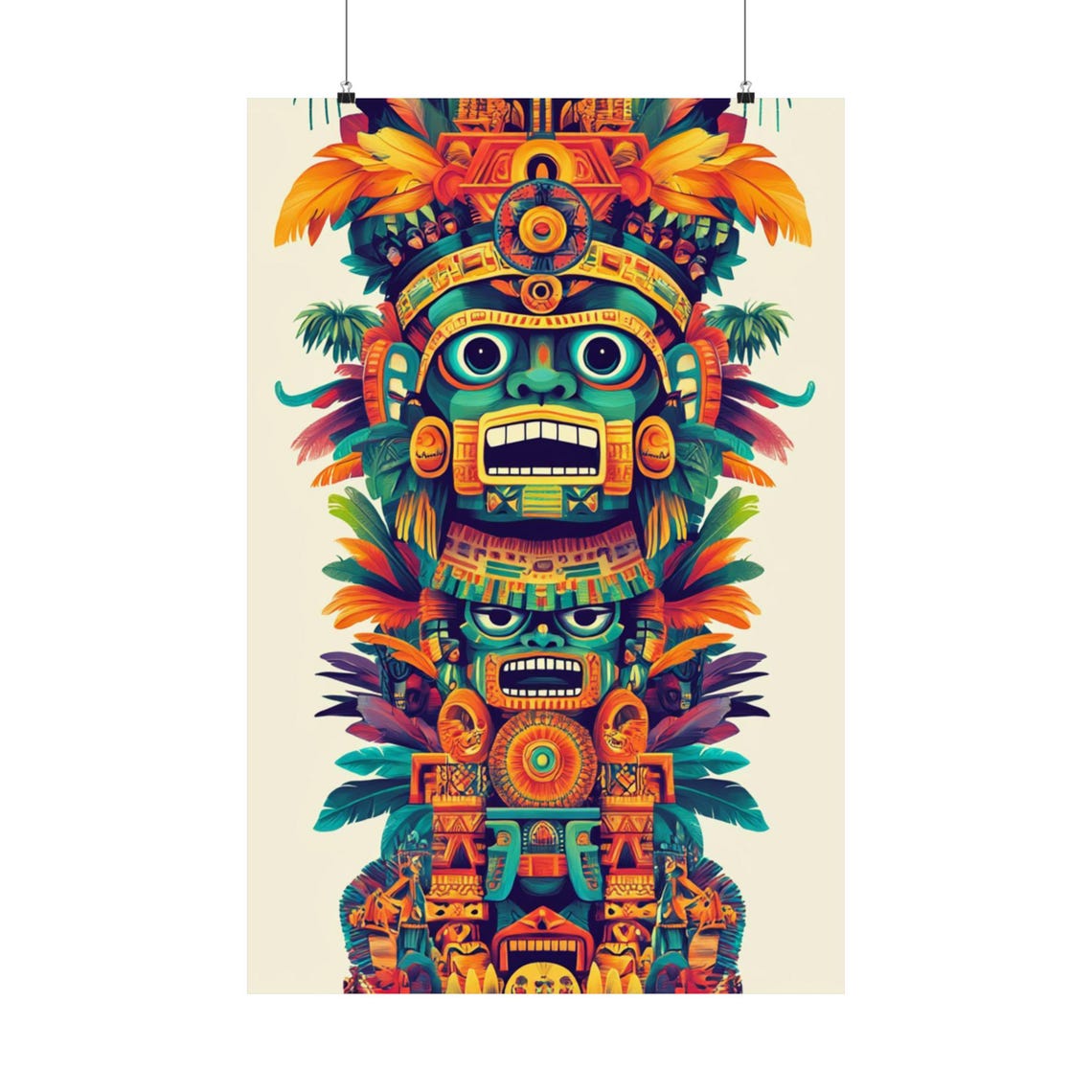 Aztec Totem Wall Art, Ancient Symbolism Poster, Colorful Vertical Art ...