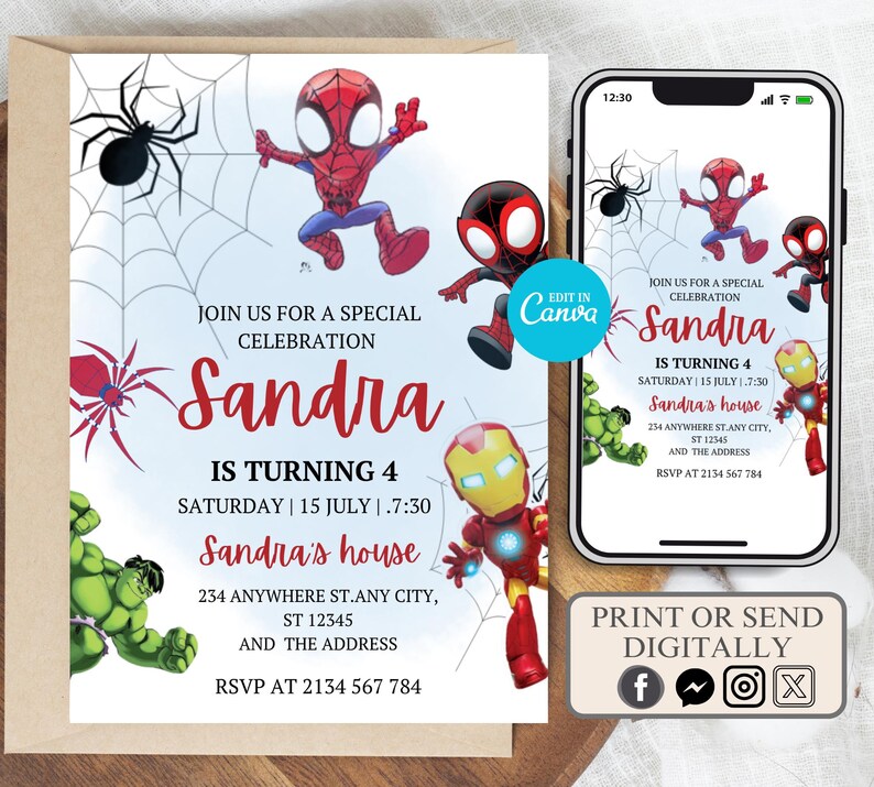 Editable Spider Man Birthday Invitation Template, Spider Man Invitation ...
