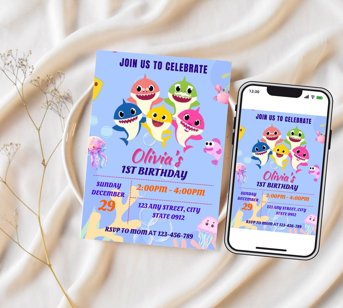 Editable Baby Shark Invite Card, Shark Birthday Party Invitation ...