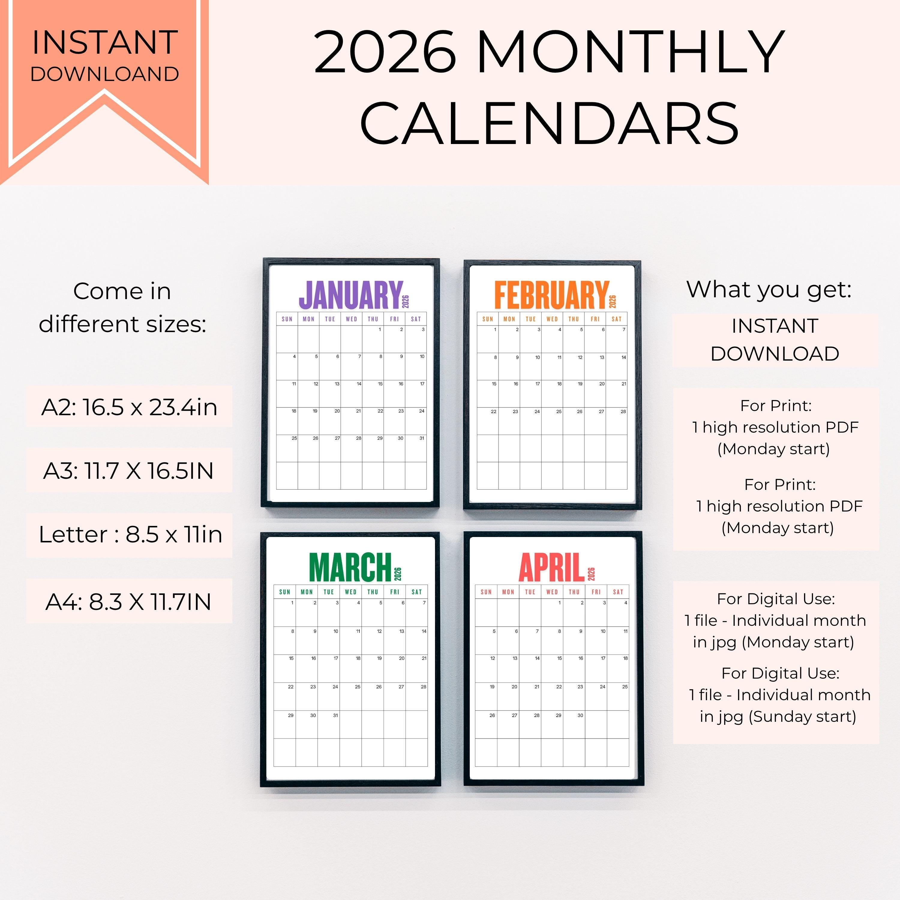 2026 Rainbow Monthly Calendar: Printable A2 A3 A4 Letter Sizes (digital ...