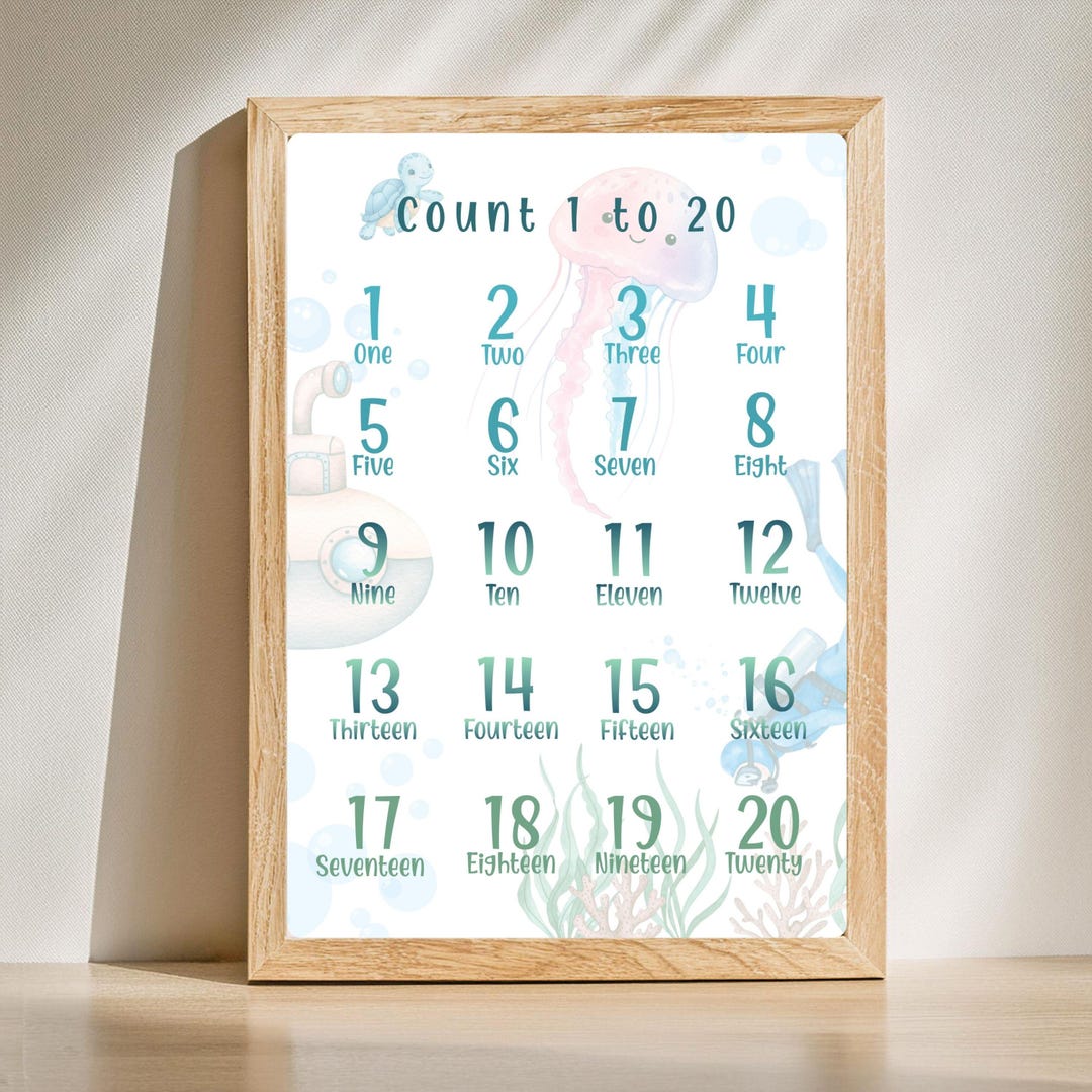Counting 1-20 Poster, Ocean Animals Wall Art, Numbers Chart, Homeschool ...
