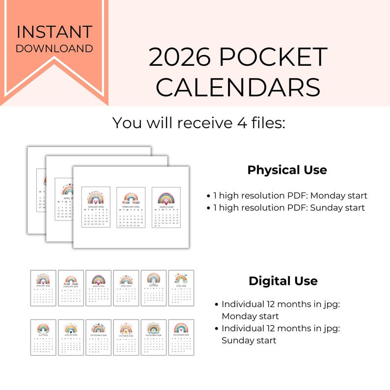 2026 Pocket Calendar Printable: Rainbow Design (PDF Download) - Etsy