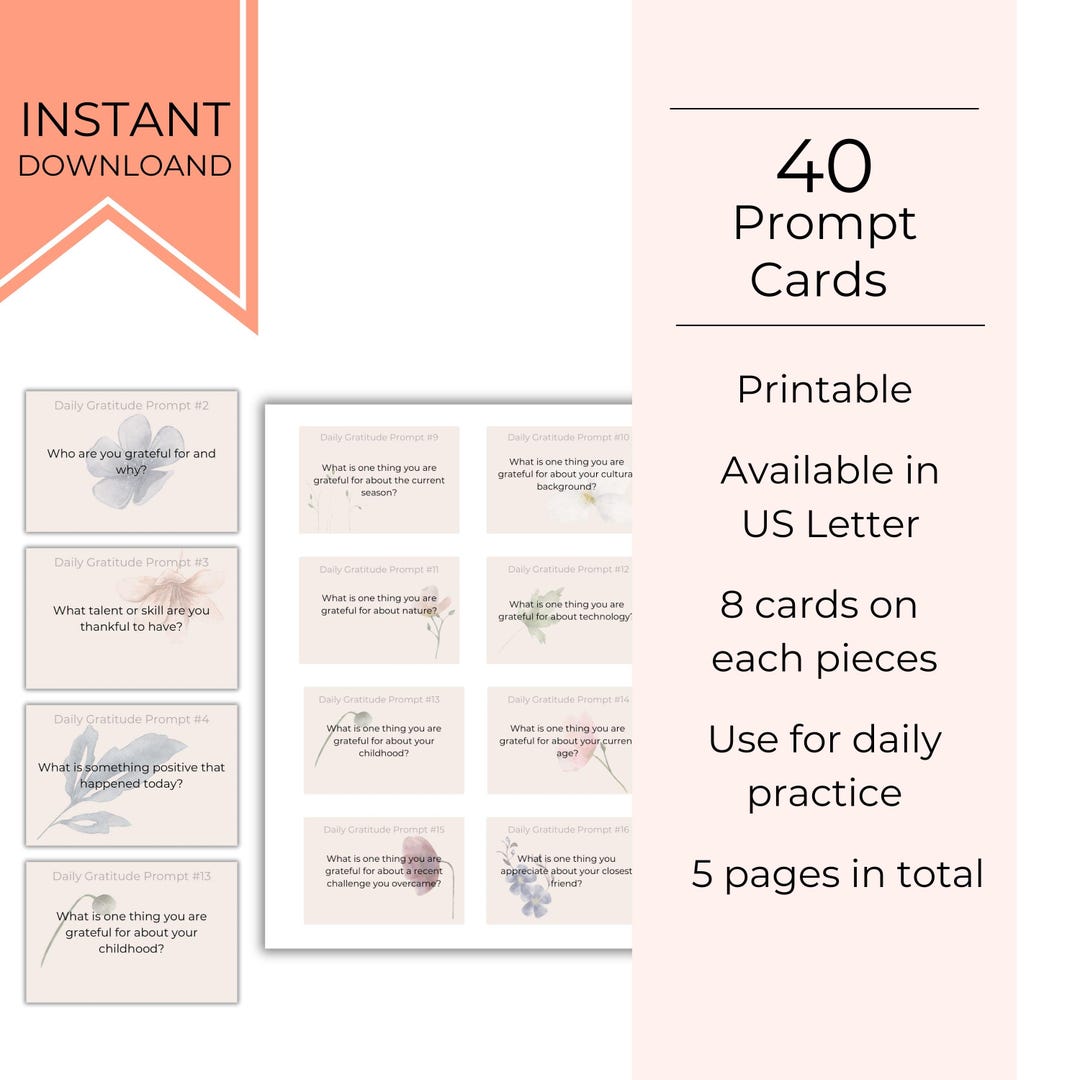 40 Gratitude Prompt Cards | Printable Gratitude Cards | Daily Gratitude ...