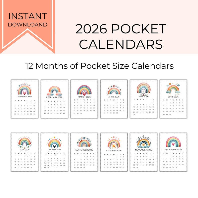2026 Pocket Calendar Printable: Rainbow Design (PDF Download) - Etsy