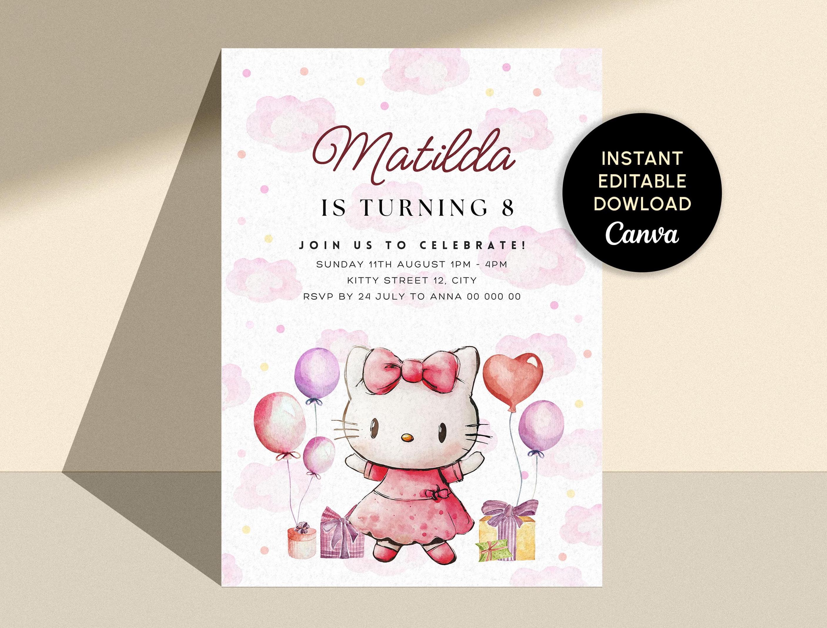 Kitty Birthday Invitation Kawaii, Girls Pink Cat Theme Invite ...