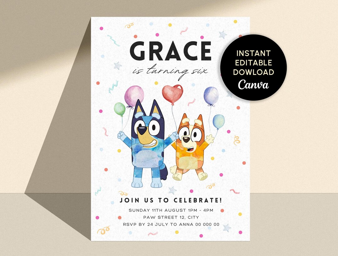 Blue Dog Birthday Invitation, E-invite With Bluey and Bingo, Digital ...