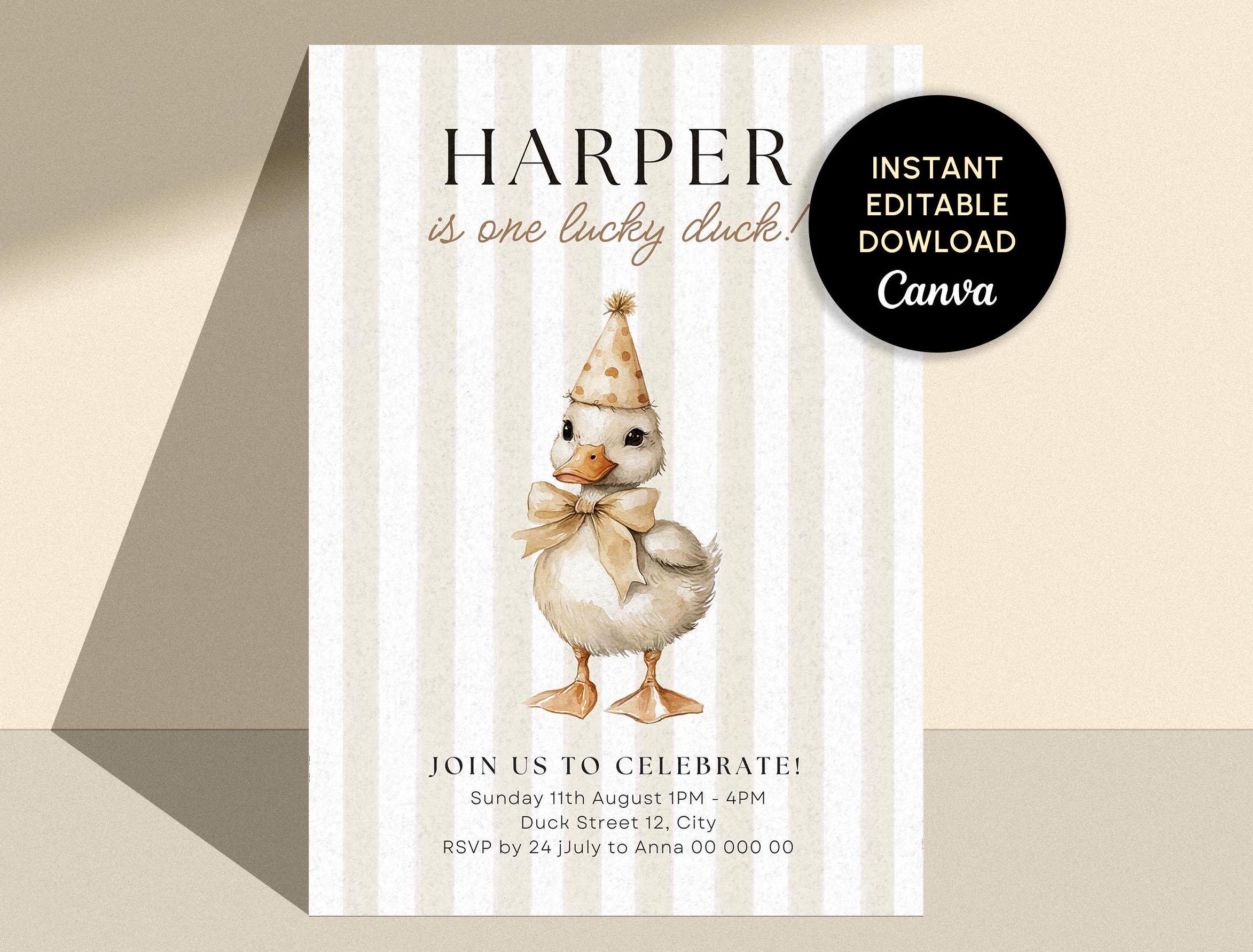 One Lucky Duck Birthday Invitation Template, Editable Duck Theme ...