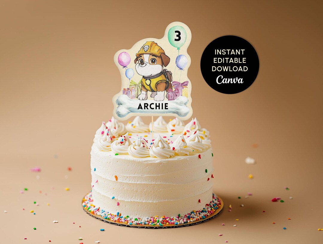 Editable Rubble Paw Birthday Cake Topper, Paw-ty Cake Decor, Puppy ...